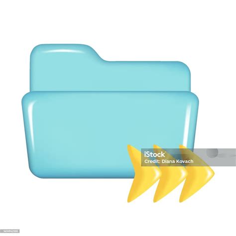 노란색 화살표가 있는 사실적인 3d 파란색 폴더입니다 장식적인 3d 관리 똑바로 오른쪽 파일 요소 웹 기호 아이콘 아카이브 기호를 가리킵니다 흰색 배경에 분리된 벡터 그림