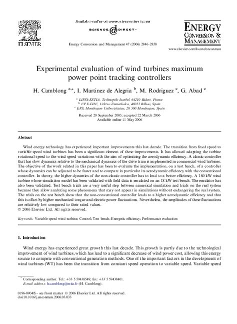Pdf Experimental Evaluation Of Wind Turbines Maximum Power Point Tracking Controllers