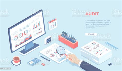 감사 개념입니다 사업가 감사원은 재무 문서를 검사합니다 돋보기와 남자의 손 모니터 그래픽 차트 문서의 스택 작업 공간 데스크탑 등대 3d 벡터 3차원 형태에 대한 스톡 벡터