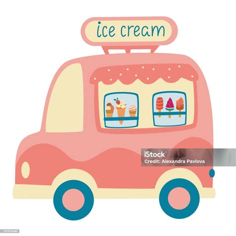만화 아이스크림 트럭 길거리 음식 캐러밴 트레일러 흰색 배경에 고립 된 다채로운 벡터 일러스트 레이션 귀여운 스타일 기계류에