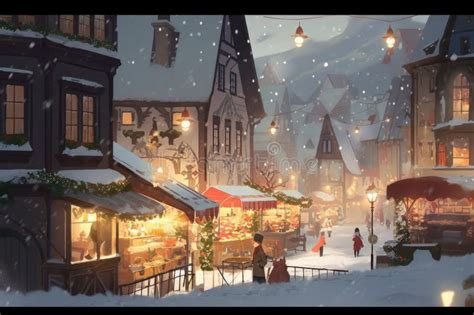 an animated christmas scene with people and a tree generative ai stock