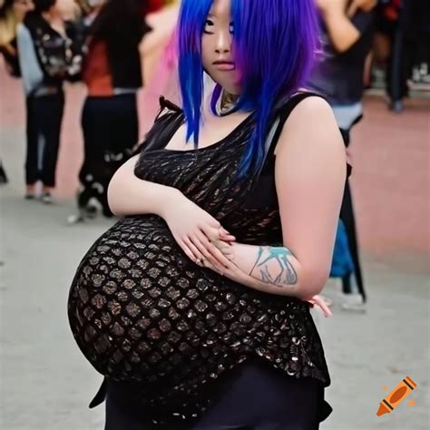 Candid photo of a Japanese punk girl with a giant pregnant belly at a theme park on Craiyon