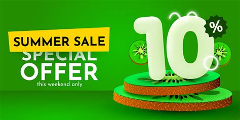 10 할인 할인 창조적 인 구성 키위가있는 여름 판매 배너 판매 배너 및 포스터 10에 대한 스톡 벡터 아트 및 기타 이미지 10 3차원 형태 키위 Istock