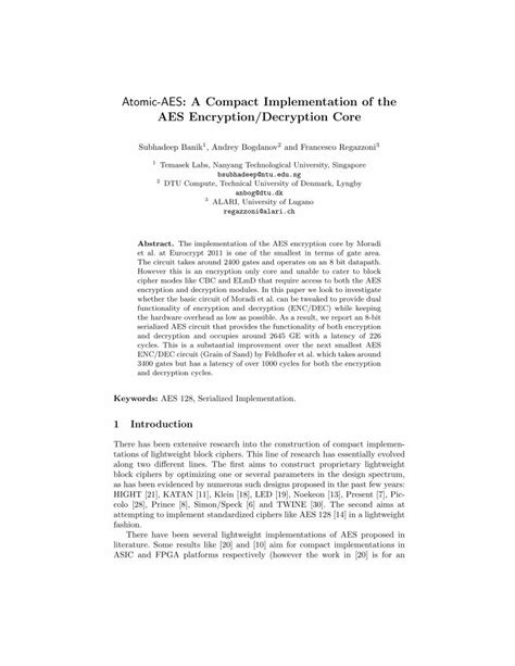 Pdf Atomic Aes A Compact Implementation Of The Aes Encryption