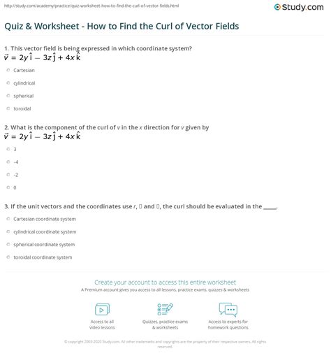 quiz and worksheet how to find the curl of vector fields