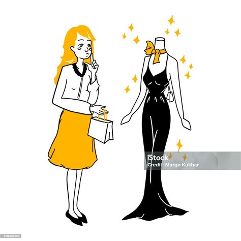 옷 가게 쇼핑을 생각하는 여자 종이 봉지를 가진 세련 된 소녀는 마네킹에서 드레스를 구입하는 것에 대해 패션 상점에서 생각합니다 손으로 그리기 만화 라인 평면 벡터 일러스트