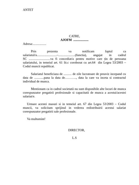 Model Notificare Ajofm Redistribuire Salariat Pdf
