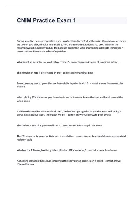 CNIM Practice Exam 1 Question And Answers Rated A 2024 CNIM Stuvia US
