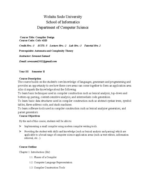 Compiler Design Course Outlines Wolaita Sodo University School Of Informatics Department Of