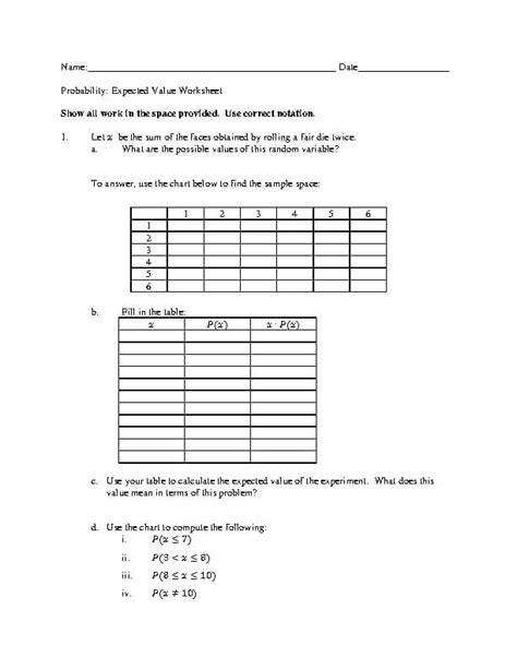 Expected Value Worksheet With Answer Key Tpt