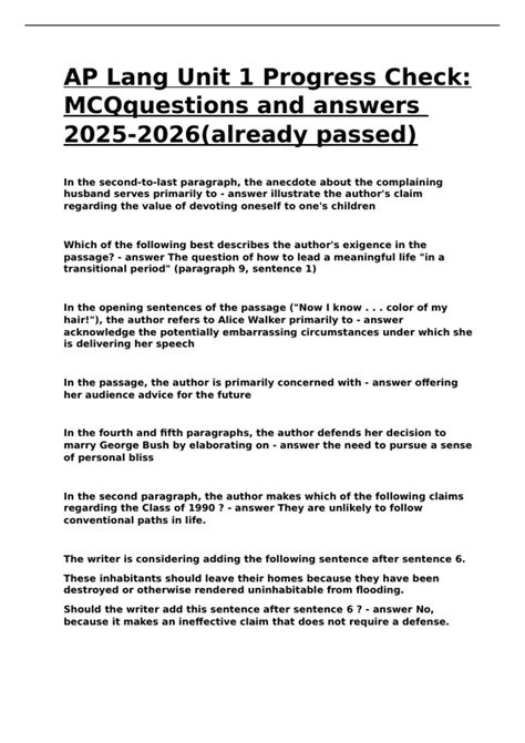 Ap Lang Unit 1 Progress Check Mcqquestions And Answers Already Passed