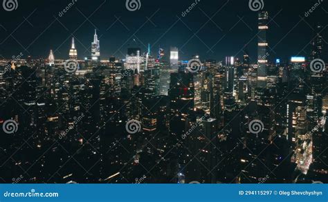 Cinematic Aerial Panorama Nyc Buildings Skyline Night Downtown