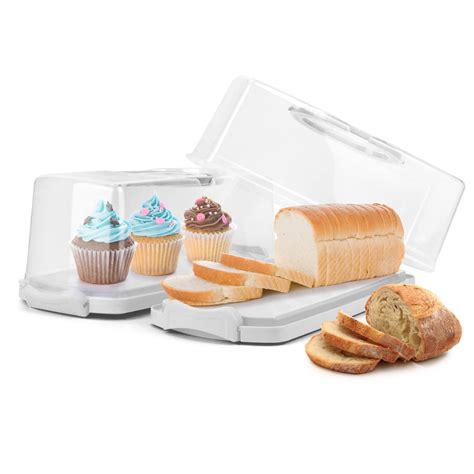 2 Pack Plastic Rectangular Bread Box With Clear Lid Loaf Cake Keeper