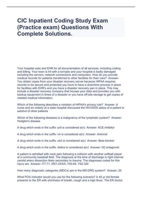 Cic Inpatient Coding Study Exam Practice Exam Questions With Complete