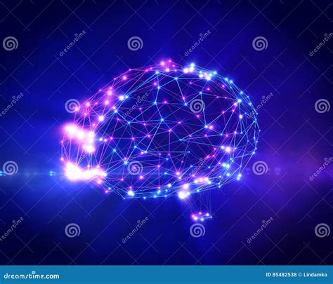 Polygonal Brain Shape With Glowing Lines And Dots Stock Illustration