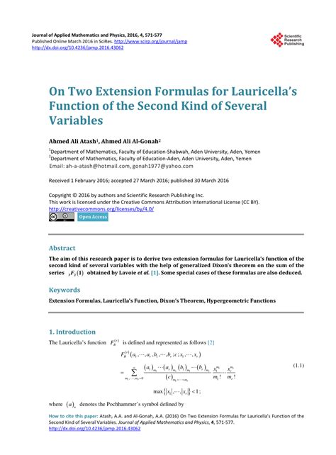 Pdf On Two Extension Formulas For Lauricellas Function Of The Second