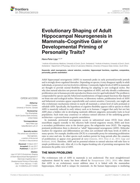 Pdf Evolutionary Shaping Of Adult Hippocampal Neurogenesis In Mammalscognitive Gain Or