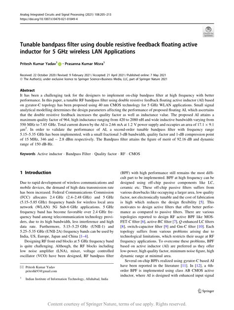 Tunable Bandpass Filter Using Double Resistive Feedback Floating Active Inductor For 5 Ghz