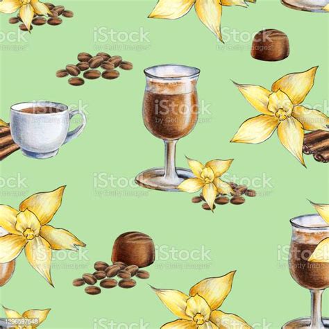 바닐라 플라워와 콩 원한 패턴 핸드 그린 일러스트를 곁들인 커피 컵 갈색에 대한 스톡 벡터 아트 및 기타 이미지 갈색