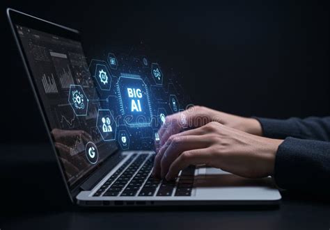 Hands Typing On Laptop With Holographic Big Ai Display And Technology