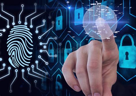 Human Finger Scanning Over Biometric Scanner Against Security Padlock Icons On Blue Background