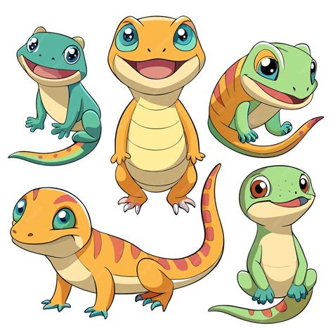 Colorful Cartoon Lizards With Various Expressions And Poses Premium