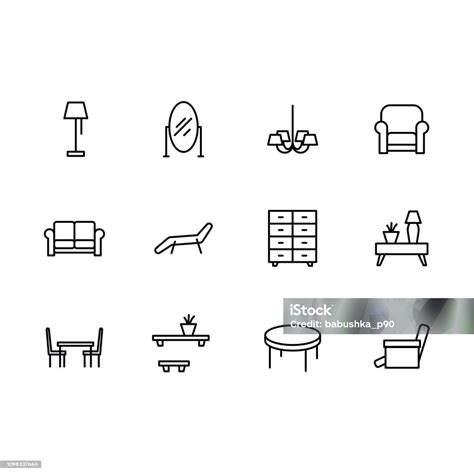 간단한 설정된 기호 가구와 인테리어 룸 라인 아이콘 같은 아이콘 램프 메이크업 거울 샹들리에 안락의 자 소파 소파 식탁 거실을 포함 0명에 대한 스톡 벡터 아트 및 기타