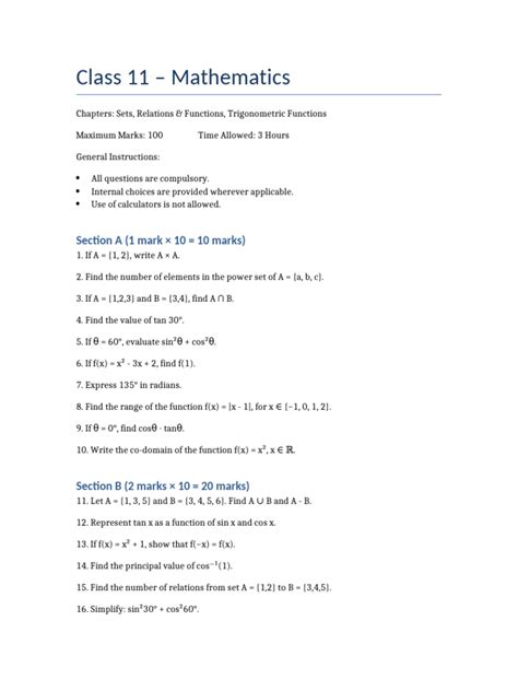 Class11 Maths Test Sets Relations Trigo Pdf