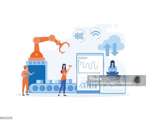 스마트 팩토리와 무선 기술을 사용하여 작업하는 사람 스마트 장치로 작업 흐름을 제어합니다 인더스트리 40의 인포그래픽 플랫 벡터 현대 일러스트레이션 Brand Name