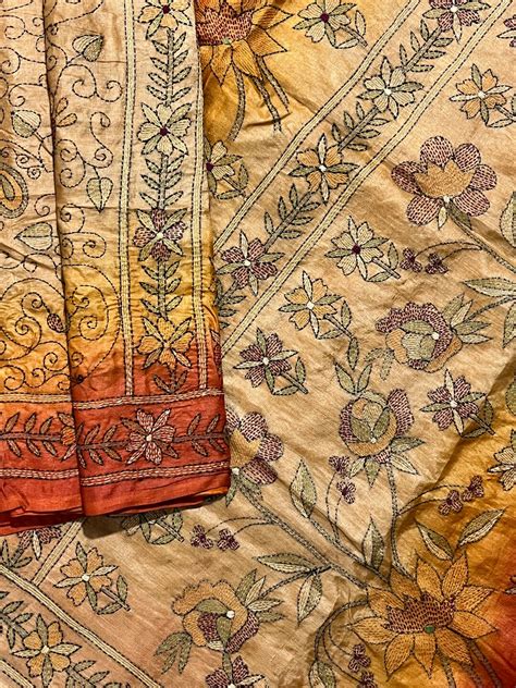 Vintage Indian Pure Silk Kantha Handmade Embroidered Bengal Saree