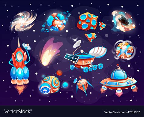 Set Of Space Icons Rocket Comet Spaceship Vector Image
