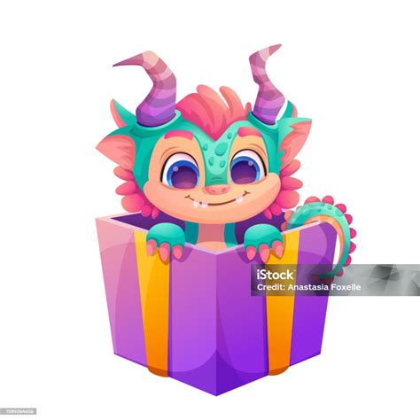 큰 선물 상자에 담긴 드래곤 만화 캐릭터 보라색과 황금색의 새해 선물 디자인 스티커 엽서에 인쇄하십시오 만화 스타일의 벡터 그림입니다 0명에 대한 스톡 벡터 아트 및 기타