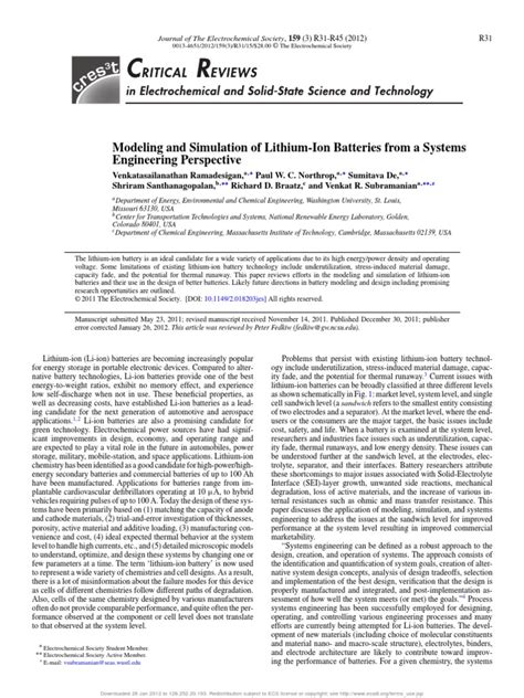 Modeling And Simulation Of Lithium Ion Batteries From A Systems Engineering Perspective Pdf