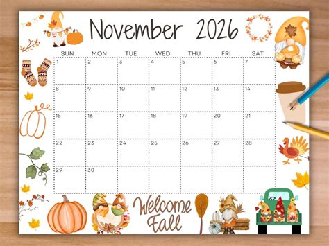Editable November 2026 Calendar Printable Fall Calendar 2026 Wall