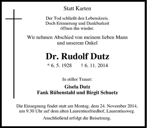 Traueranzeigen Von Rudolf Dutz Trauer In Nrw De