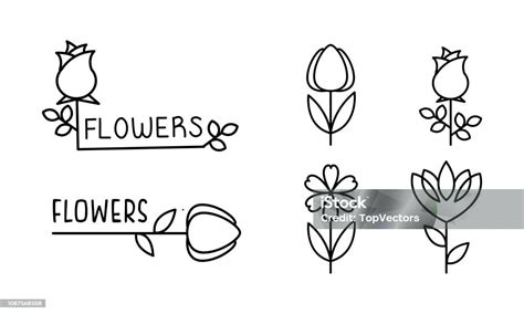 꽃 선형 로고 세트 흰색 배경에 꽃 디자인 정체성 꽃집 꽃집 살롱 브랜딩 요소를 사용할 수 있습니다 벡터 일러스트 레이 션 개념에 대한 스톡 벡터 아트 및 기타 이미지