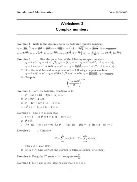 Worksheet Complex Numbers Pdf Mathematical Analysis Mathematical