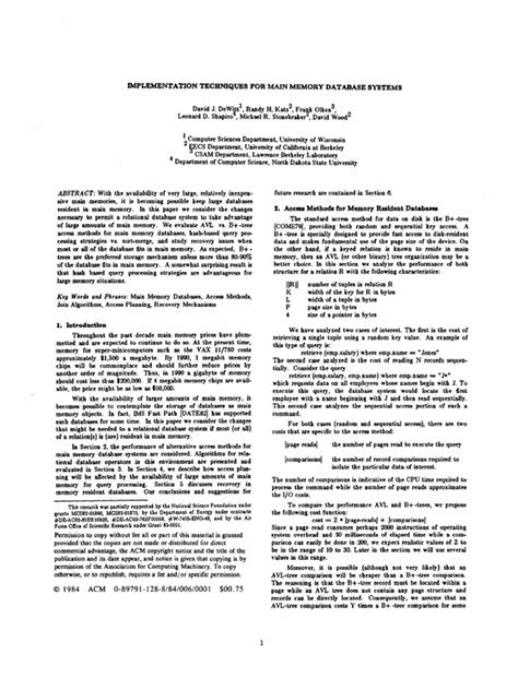 Implementation Techniques For Main Memory Database Systems Pdf