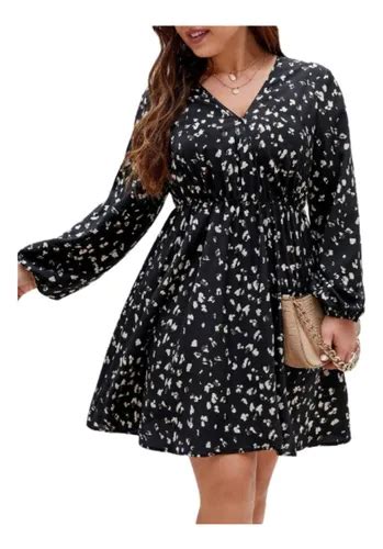 Vestido Corto Negro Manga Larga Casual Formal Flores Curvy Meses Sin