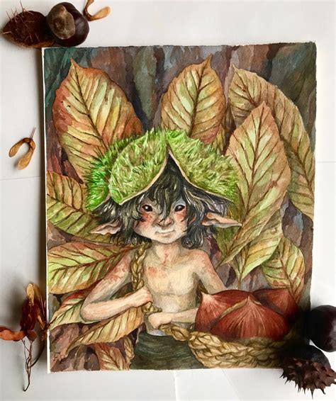 Chestnut Pixie Watercolor Painting Original Fantasy Creature Wood