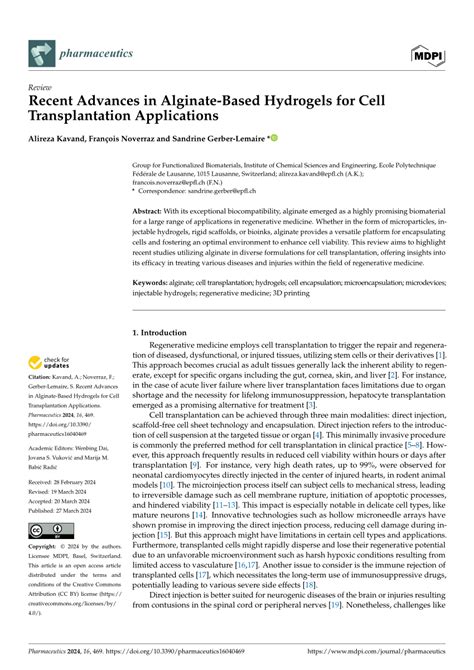 Pdf Recent Advances In Alginate Based Hydrogels For Cell Transplantation Applications