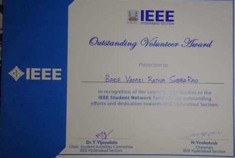 Iam Very Happy That I Have Received The Outstanding Volunteer Award From Ieee Hyderabad Section