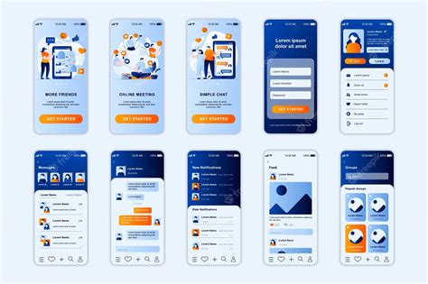 모바일 앱 템플릿 Ui Ux Gui 사용자 인터페이스 키트용으로 설정된 소셜 네트워크 개념 화면 프리미엄 벡터