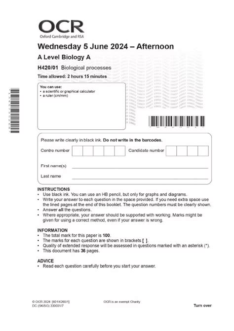 A Level June 2024 Ocr Biology A Paper 1 Biology Stuvia Uk