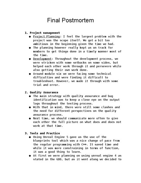 Final Postmortem Final Postmortem Project Management Project Planning