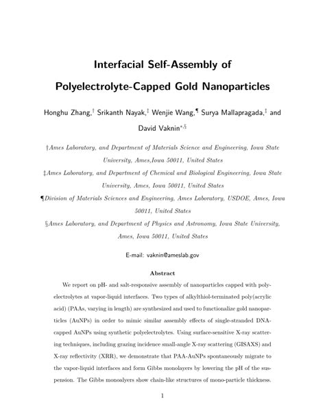 Pdf Interfacial Self Assembly Of Polyelectrolyte Capped Gold Nanoparticles