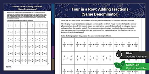 Four In A Row Adding Fractions Same Denominator Twinkl