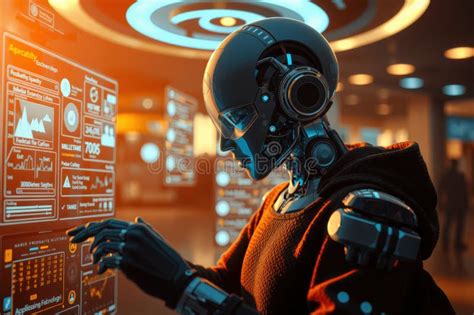 Humanoid Robot Interacts with Futuristic Digital Interfaces in Vibrant, High Tech Environment ...
