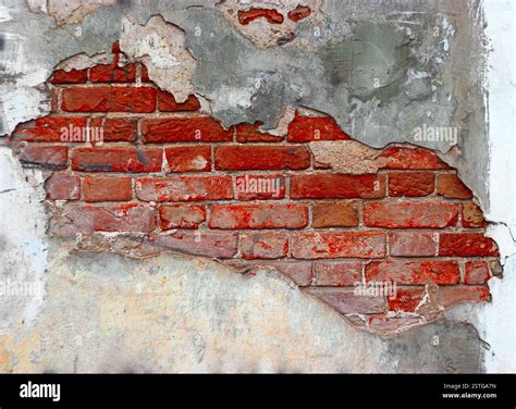 Plasterd Red Brick Wall And Grunge Texture Background Abstract Hole On Cracked Plaster Concrete