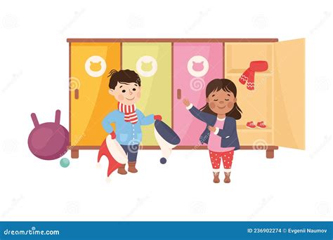 Niñito Y Niña Cambiando Su Ropa Poniéndose Abrigo Y Esa Ilustración
